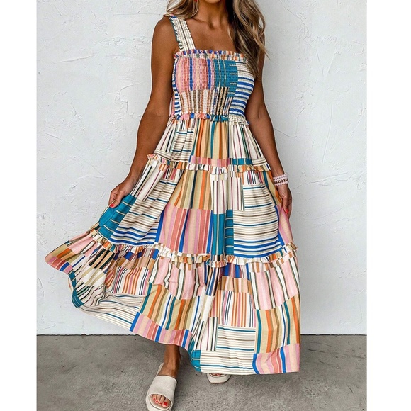 Dresses | Boho Color Block Shirred Bodice Cami Dress | Poshmark